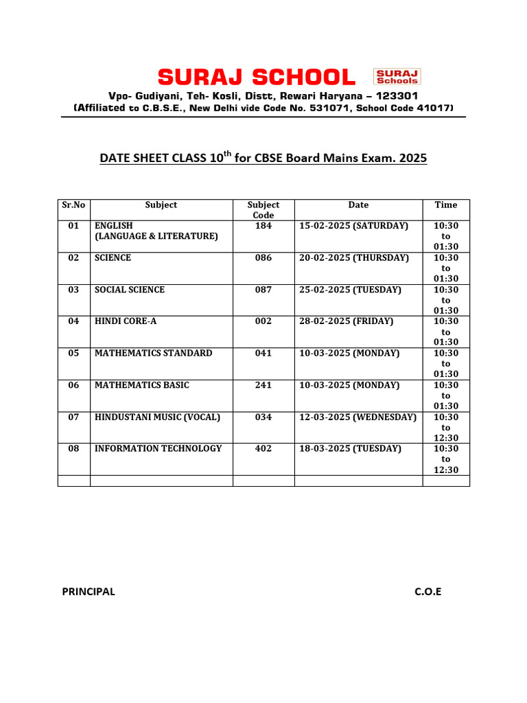 Date Sheet 10th CBSE-2025 | PDF