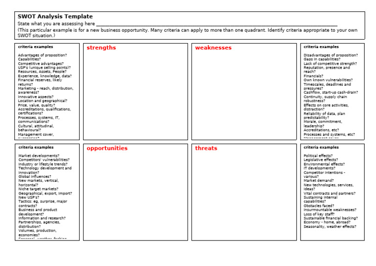 SWOT Example and Work Sheet | PDF | Swot Analysis | Business
