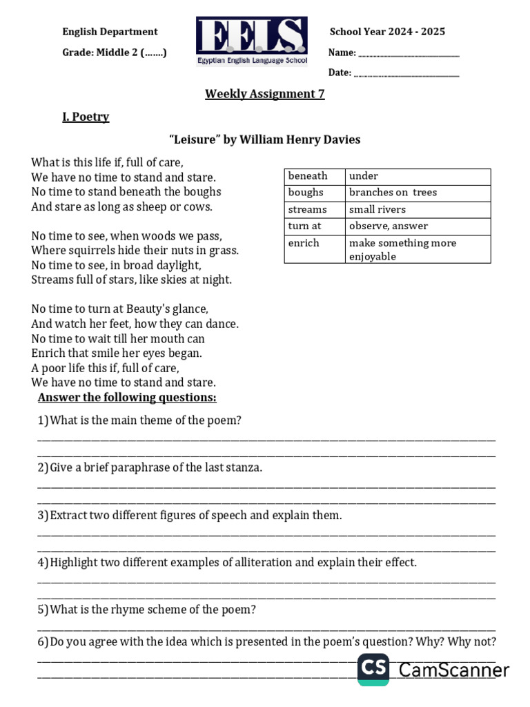 Middle School English Weekly Assignment | PDF | Poetry