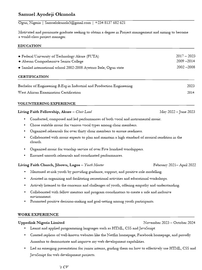 Samuel Ayodeji Okunola's CV 01 Updated | PDF | Web Development