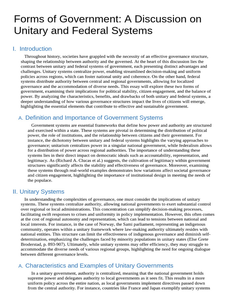 Forms of Government A Discussion On Unitary and Federal Systems | PDF ...