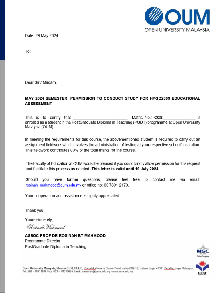 Letter of Permission to Conduct Study for HPGD2303 Assignment_EMPTY ...