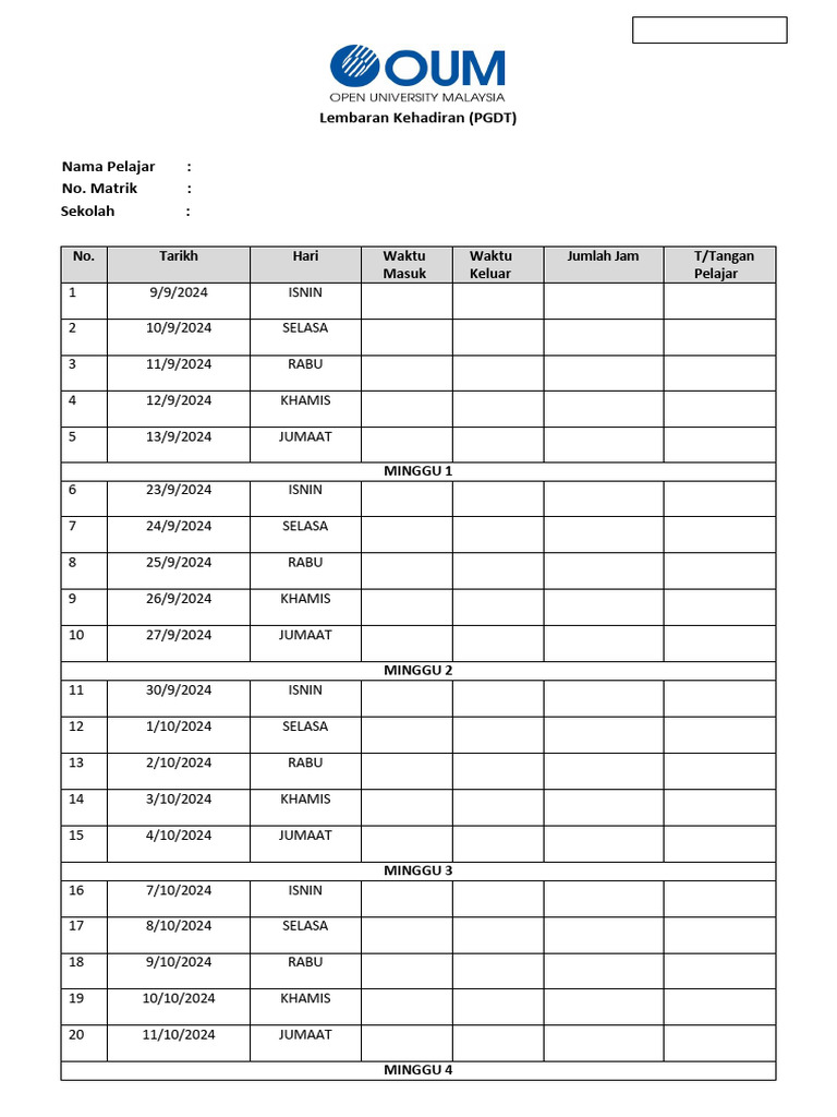 Kehadiran 12 Minggu Kump. B (BM) | PDF