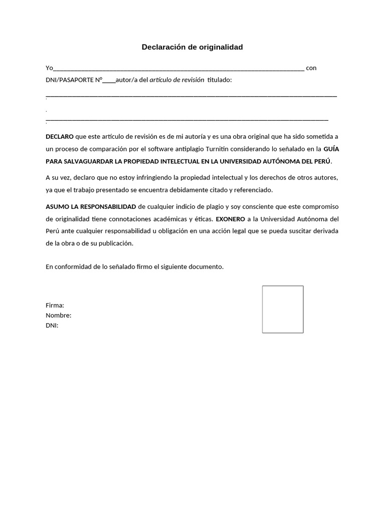 Declaración de Originalidad | PDF