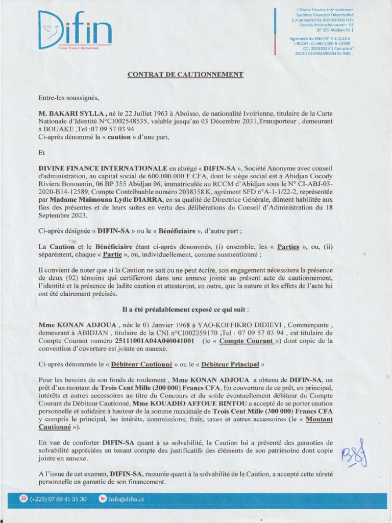 Ballari Sylla Contrat de Cautionnement, Billet A Ordre | PDF