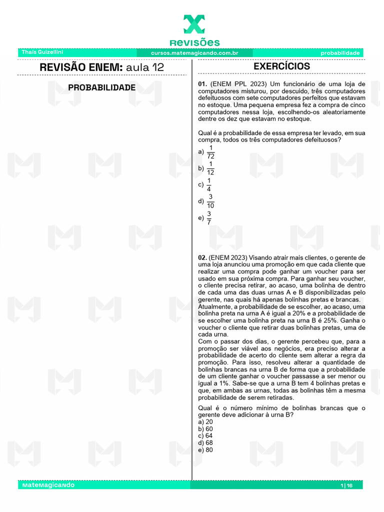 MATEMAGICANDO - REVISÃO 2025 - ENEM - Aula 12 - PROBABILIDADE 2 | PDF
