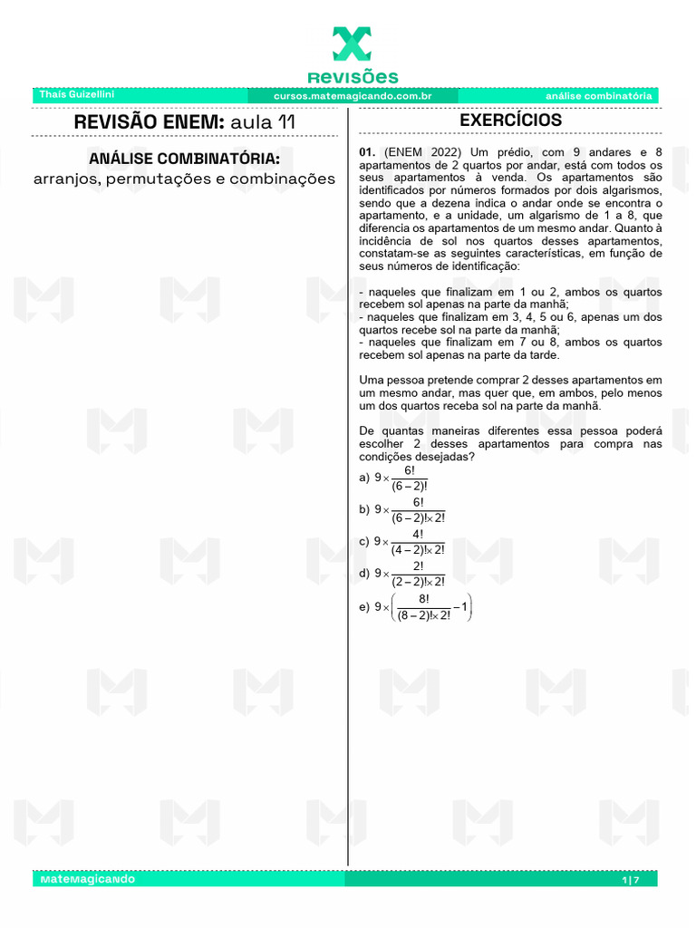 MATEMAGICANDO - REVISÃO 2025 - ENEM - aula 11 - ANÁLISE COMBINATÓRIA | PDF | Apartamento | Cor