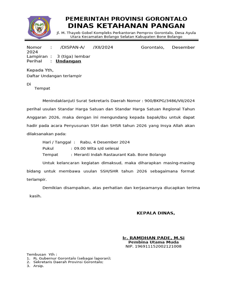 Undangan Penyusunan SSH 2026 Gorontalo | PDF