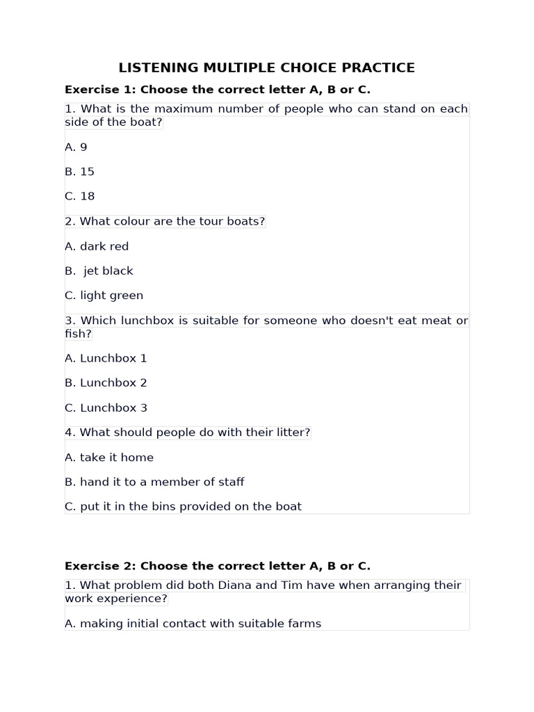 Listening Multiple Choice Practice Test | PDF | Sheep | Milk