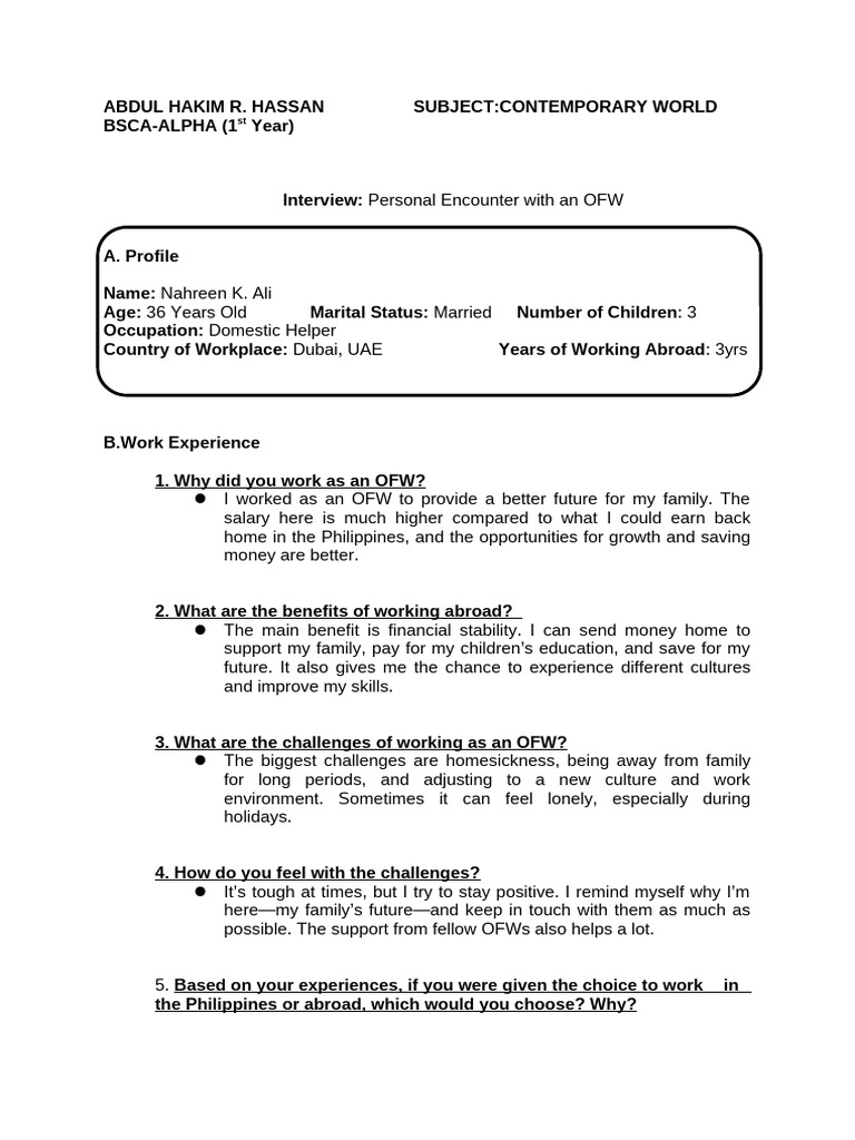 OFW Interview (atotoy) | PDF | Social Psychology