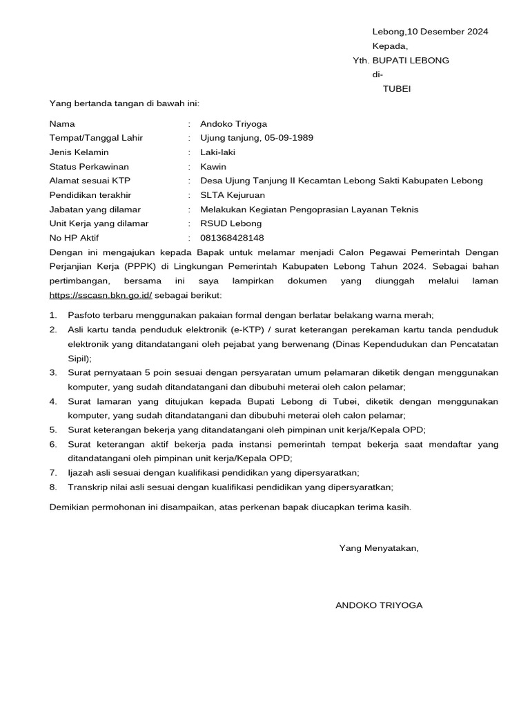 SURAT LAMARAN TEKNIS PPPK | PDF