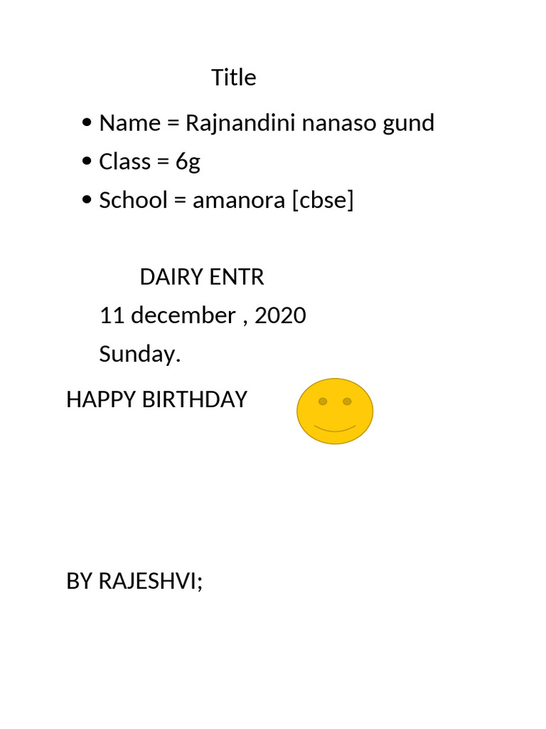 Title Name Rajnandini Nanaso Gund Class 6g School Amanora (Cbse) Dairy ...