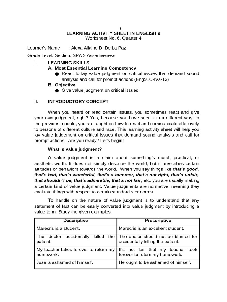 Value Judgment Activities for English 9 | PDF | Learning | Psychology