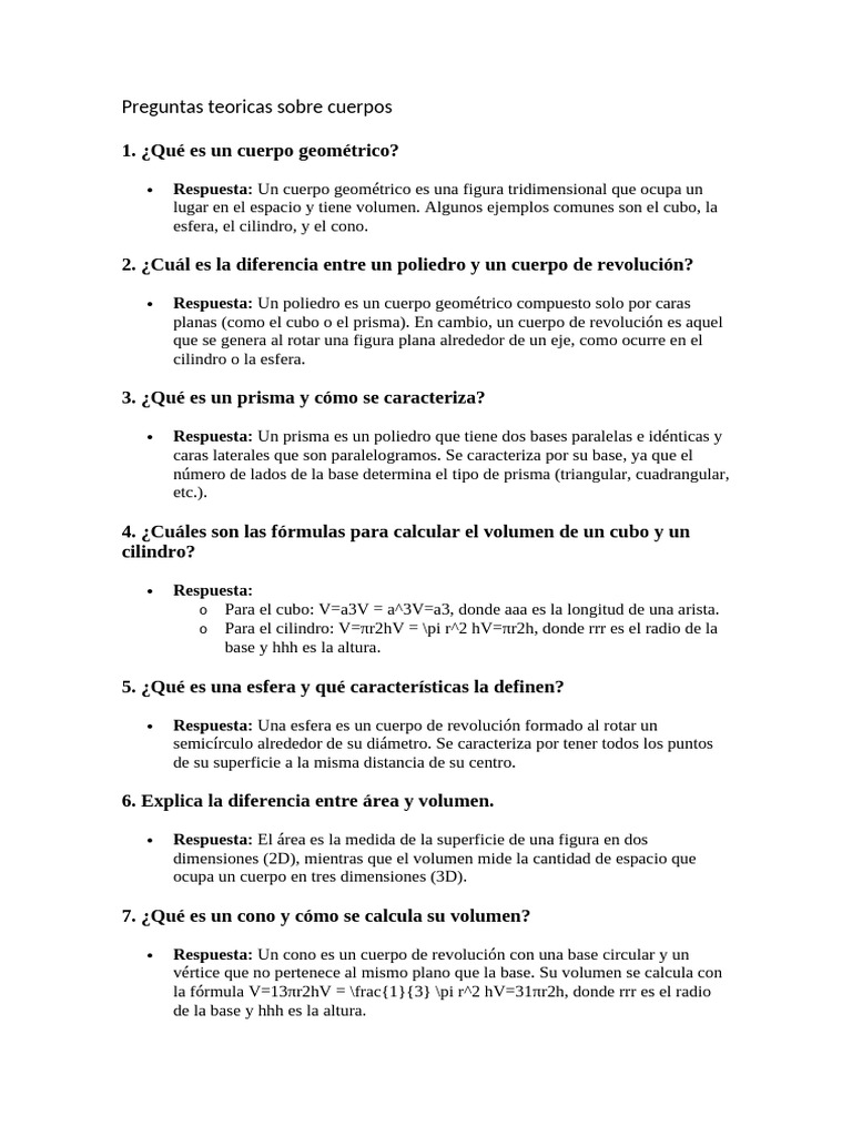 Preguntas Teoricas Sobre Cuerpos | PDF | Litro | Volumen