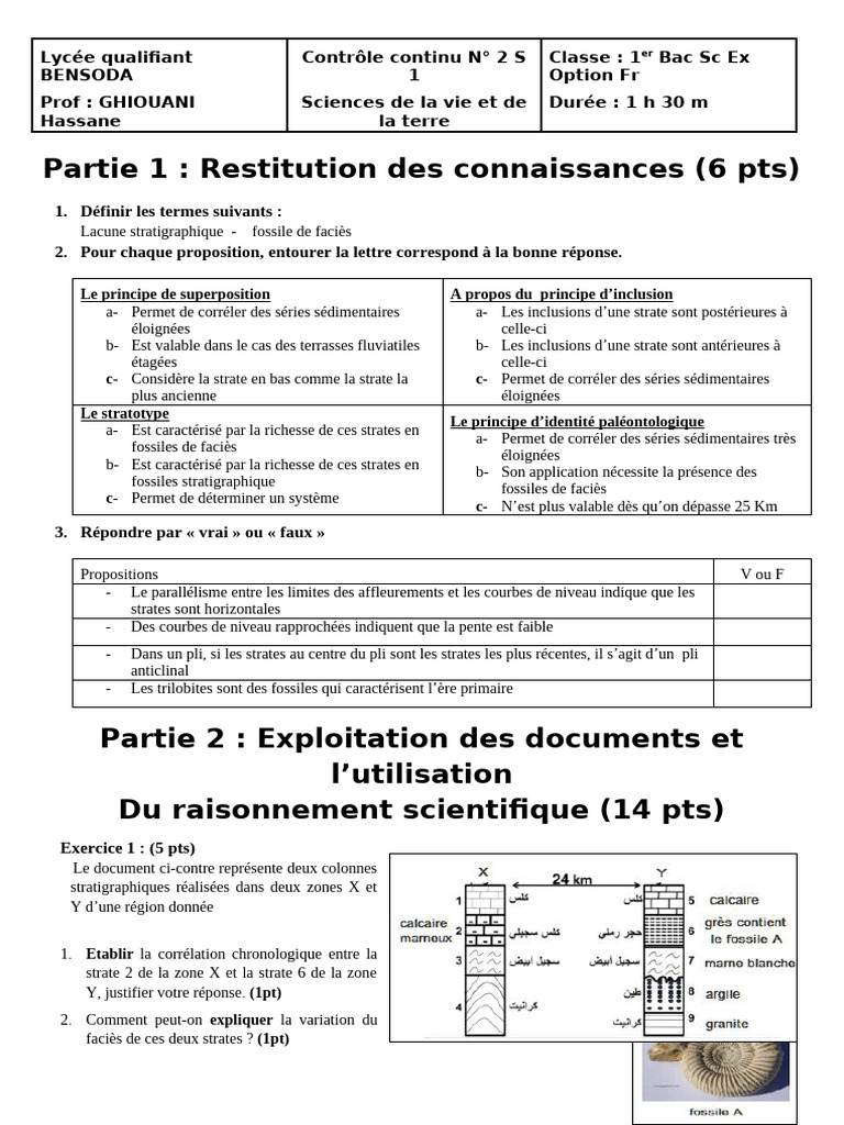 Contrôle de SVT : Stratigraphie et Fossiles | PDF | Strate | Stratigraphie
