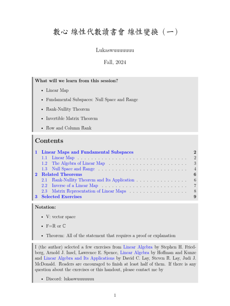 LT1 Handout For MathSoul | PDF | Linear Map | Matrix (Mathematics)