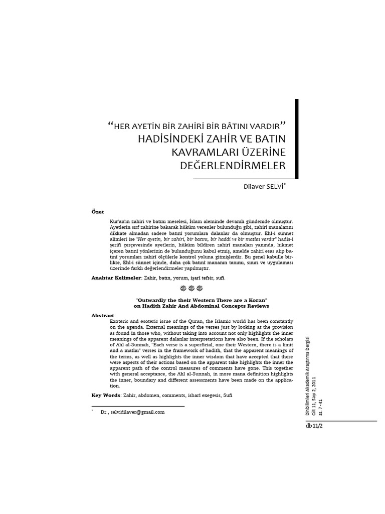 Her Ayetin Bir Zahiri Bir B - T - N - Vard - R - Hadisindeki Zahir Ve Bat - N Kavramlar - Zerine ...