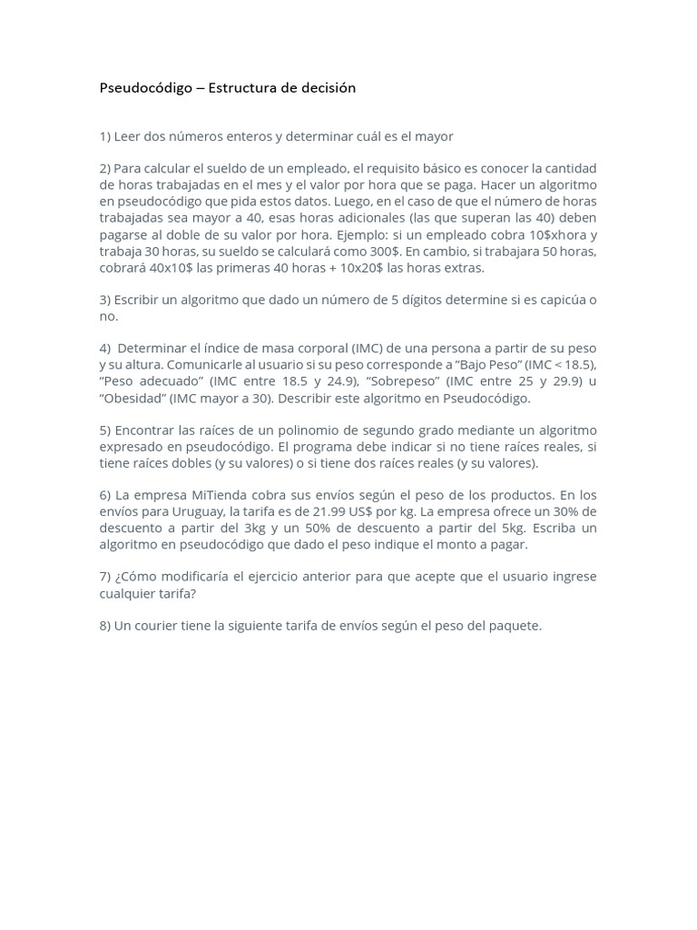 Ejercicios Pseudoccodigo - Estructura de Decisión | PDF