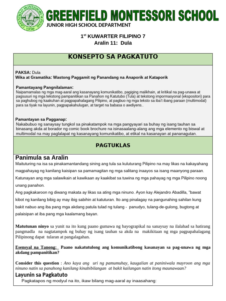 Aralin 11 Filipino 7 LP | PDF