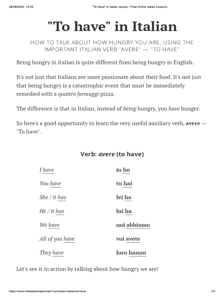 Learn Italian: Using "Avere" Verb | PDF | Linguistics | Language Mechanics