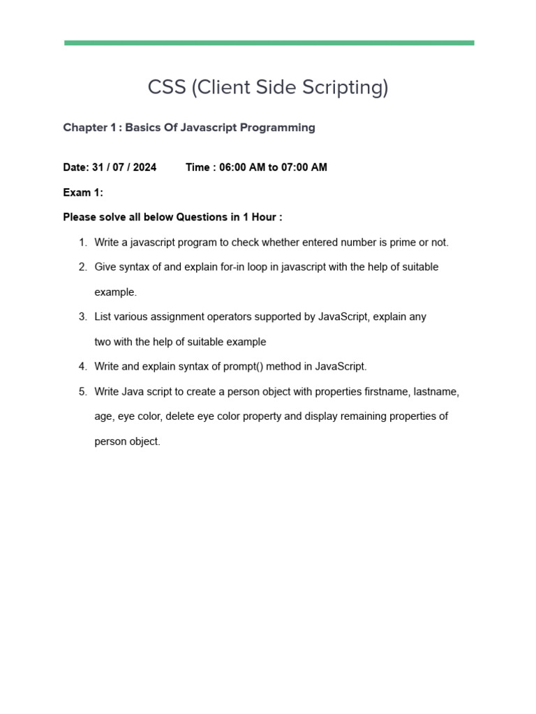 JavaScript Basics Exam Questions | PDF