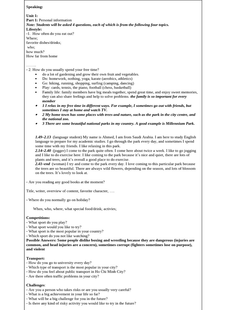 Speaking Practice: Lifestyle & Sports | PDF | English Language | Traffic