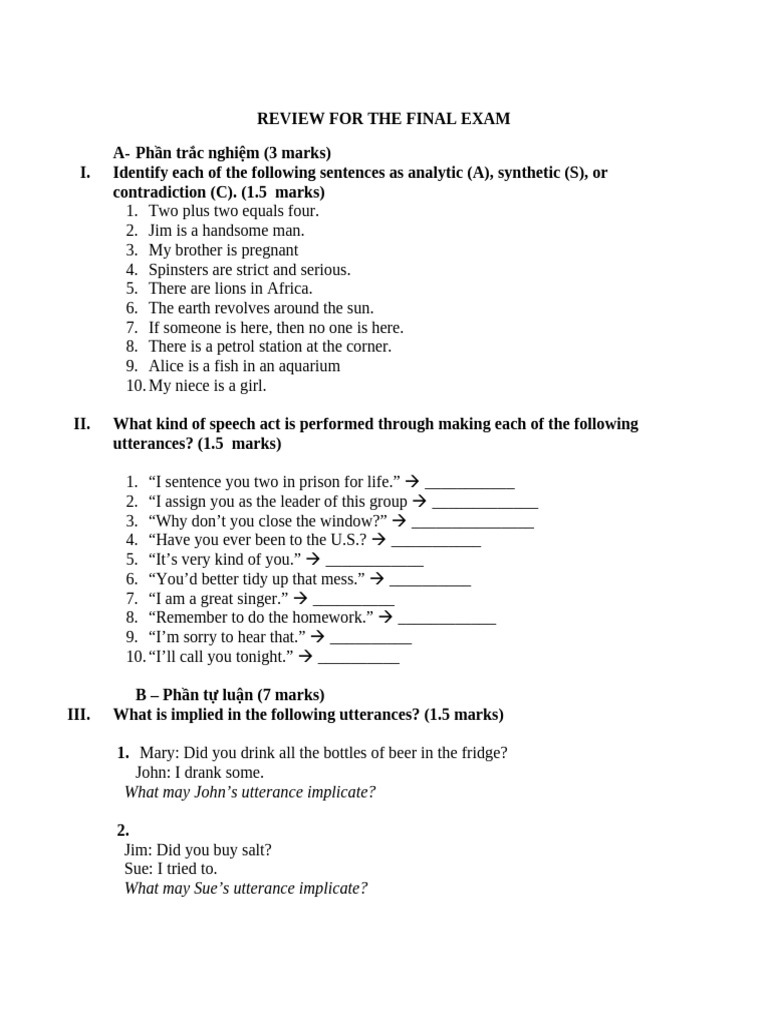 Final Exam Review: Analytic & Speech Acts | PDF