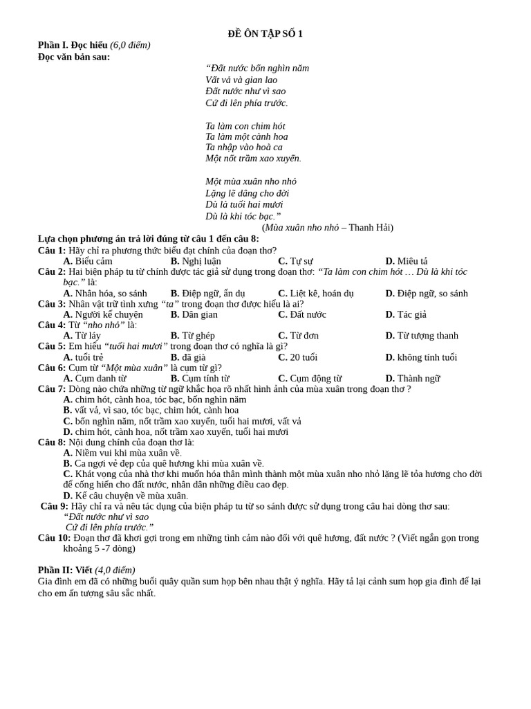 ĐỀ ÔN TẬP VĂN 6 HK1 SỐ 1+2 | PDF