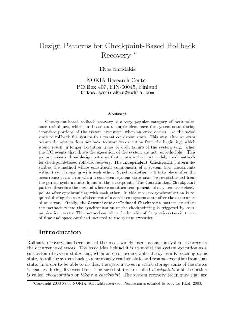 Design Patterns For Checkpoint-Based Rollback Recovery | PDF | System | Computer Data Storage