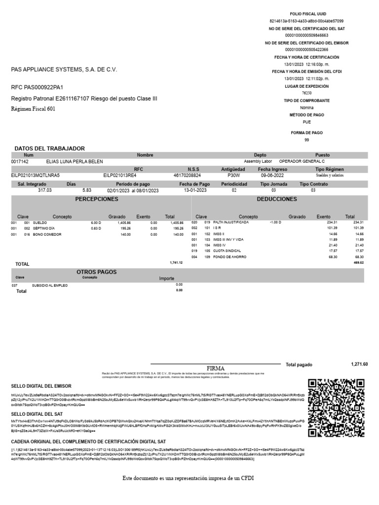 CFDI Nómina PAS Appliance Systems | PDF