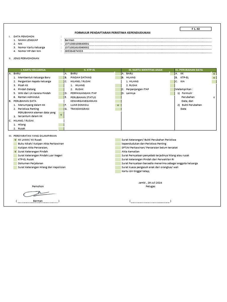 Contoh Formulir F-1.02 Pengurusan KK | PDF