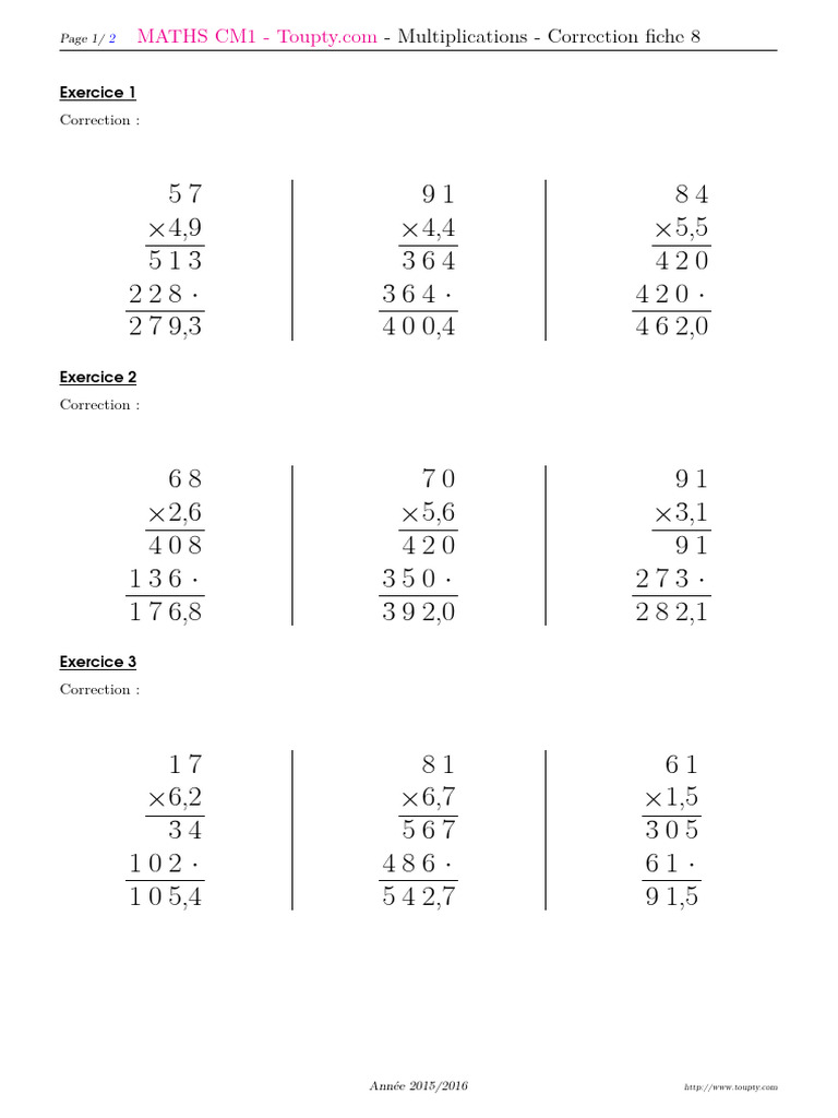 Exercices de Multiplication CM1 avec Corrections | PDF