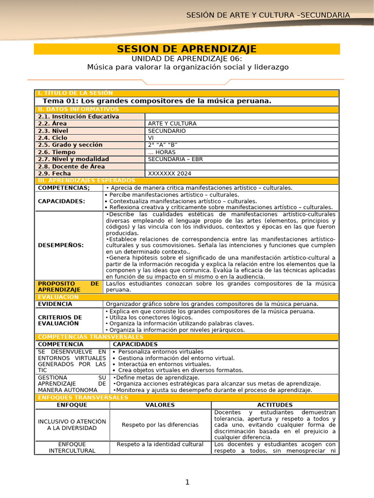 2° Sec. Sesion Actv 01. Arte y Cultura 2024 | PDF | Enseñando | Aprendizaje