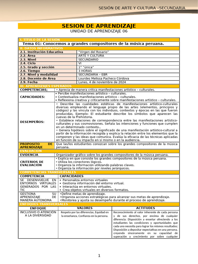 1° SEC. SESION ACTV 01. ARTE Y CULTURA 2024 (1) | PDF | Aprendizaje | Perú