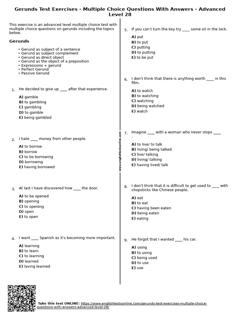 527 - Gerunds Test Exercises Multiple Choice Questions With Answers ...