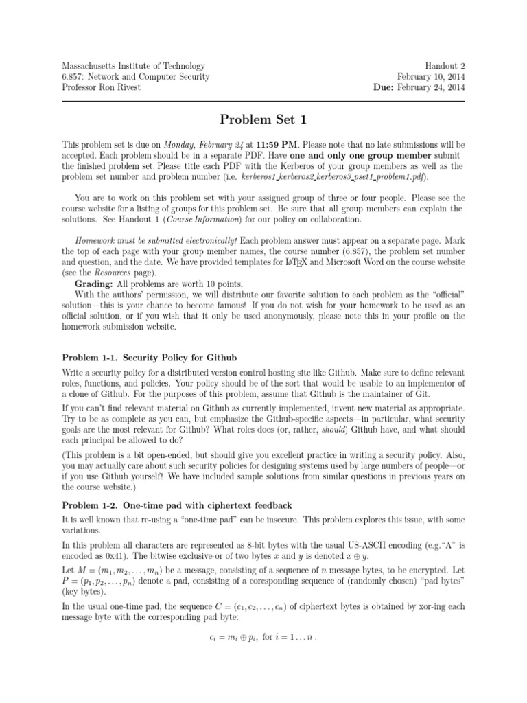 MIT6 857S14 ps1 | PDF | Encryption | Applied Mathematics
