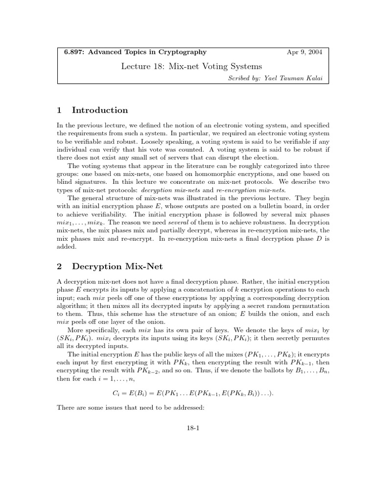 18: Mix Net Voting Systems: 6.897: Advanced Topics in Cryptography ...