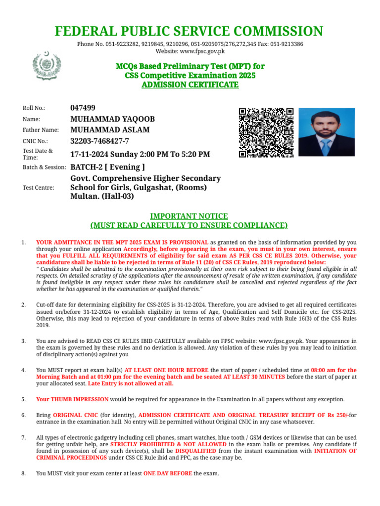 Competitive Examination (CSS) MPT - 2025 | PDF | University And College ...