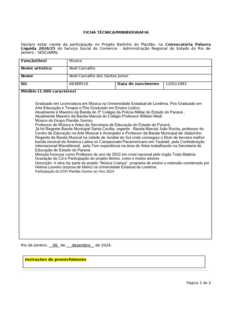 Anexo VI - Noel Modelo de Ficha Técnica Preenchido | PDF