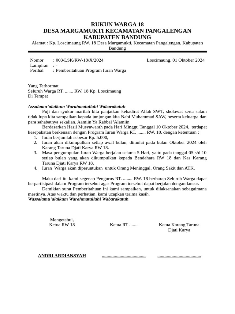 Rukun Warga 18 LSK | PDF