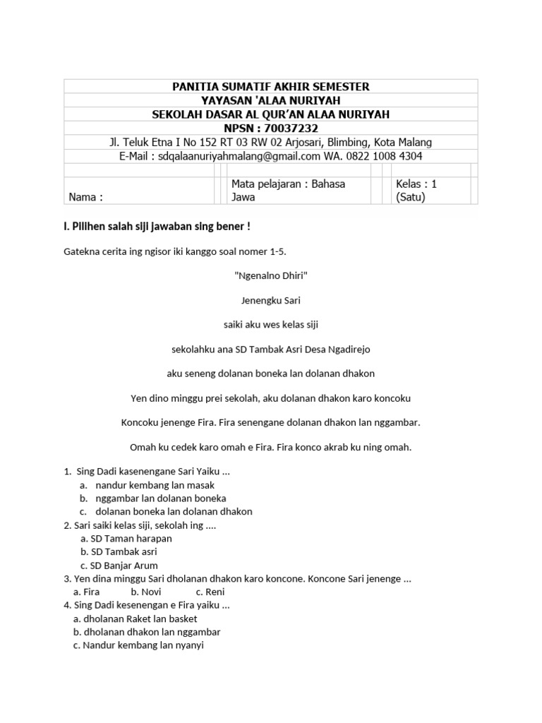 Kelas 1 Bhs Jawa | PDF