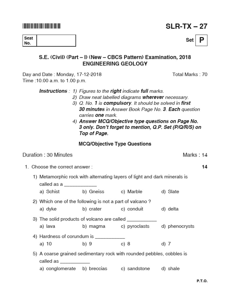 Btech Civil 3 Sem Engineering Geology Set P 2018 | PDF | Rock (Geology) | Geology