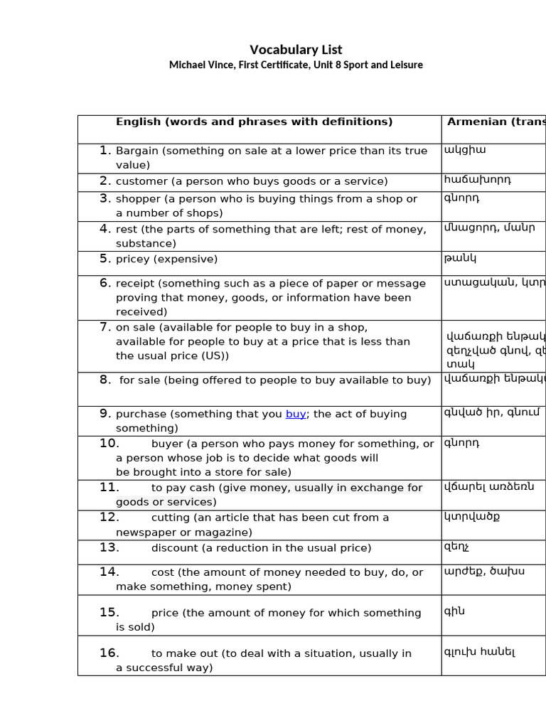 Vince Unit 8 Vocabulary List | PDF | Filling Station | Prices