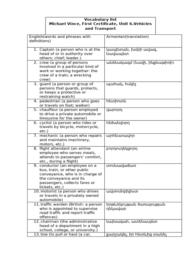 Vince Unit 6 Vocabulary List | PDF | Vehicles | Transport