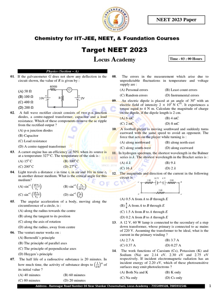NEET 2023 Paper PDF | PDF | Capacitor | Catalysis