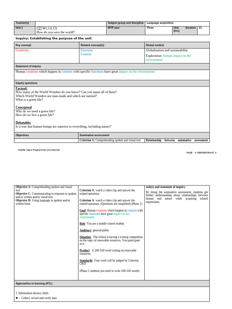 G9-MYP ELA unit1 planner | PDF | Inquiry | Reading Comprehension