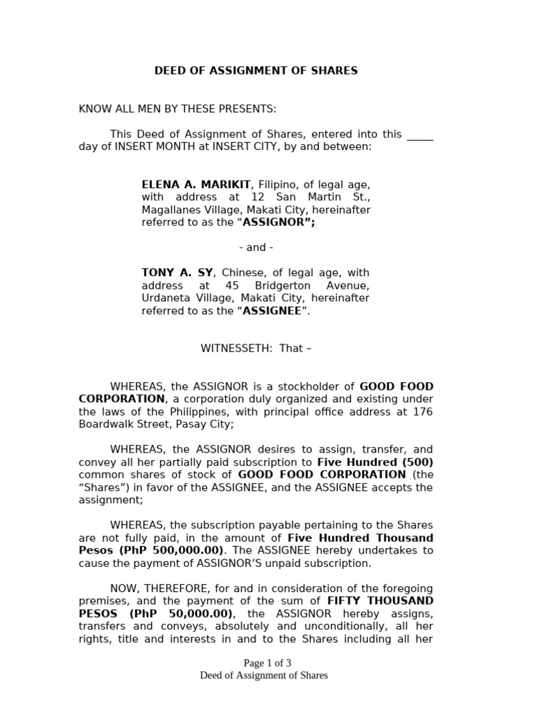 deed-of-assignment-of-shares | PDF | Assignment (Law) | Property Law