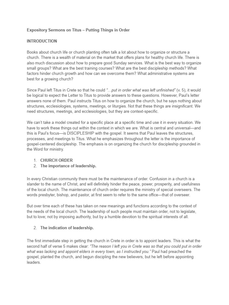 Expository Sermons On Titus - Putting Things in Order | PDF | Elder (Christianity) | Bishop