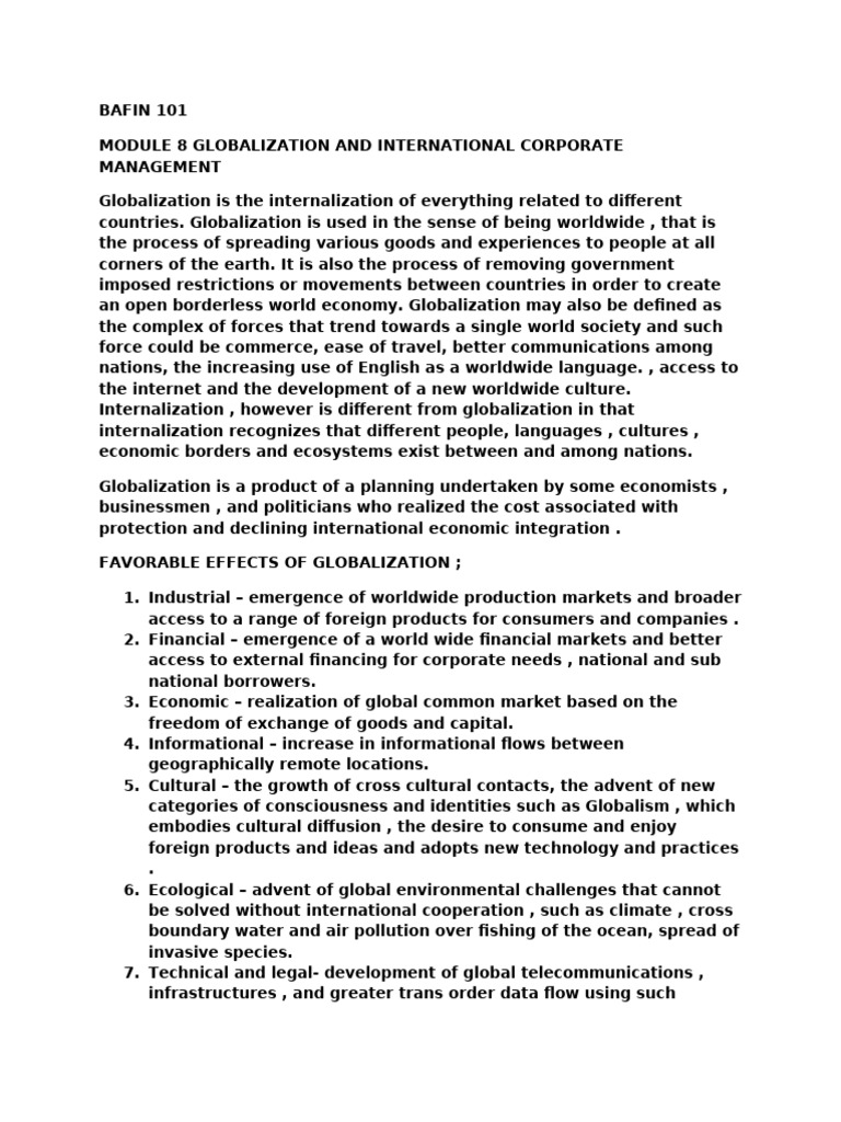 Bafin 101 Mod 8 Globalization and International Corporate Management ...