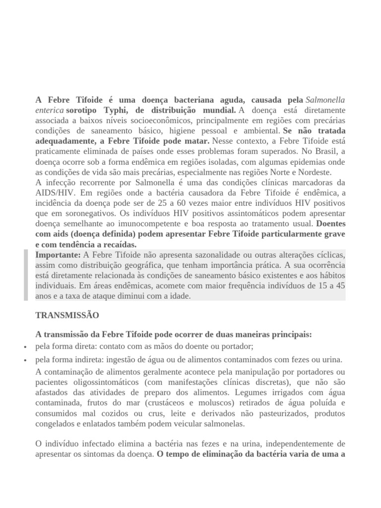 A Febre Tifoide É Uma Doença Bacteriana Aguda | PDF | Salmonella ...